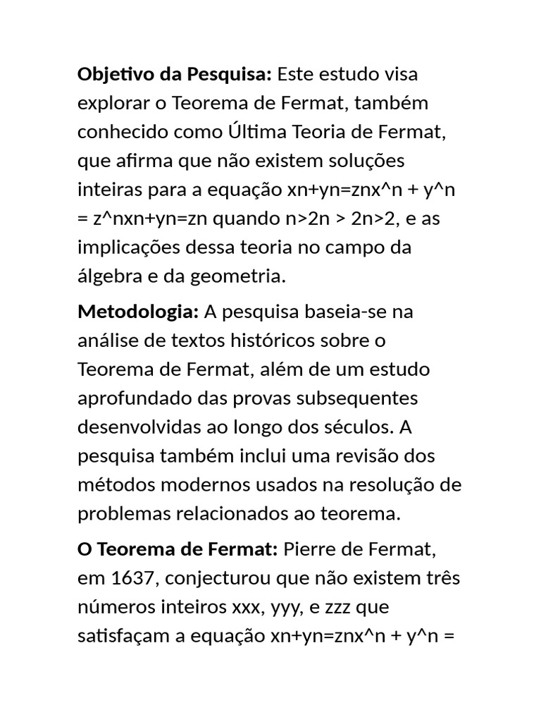O Teorema de Fermat e A Última Teoria de Fermat | PDF