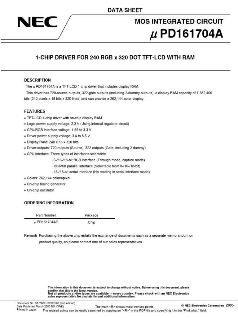 μ PD161704A TFT-LCD Driver Data Sheet | PDF | Direct Current | Power Supply