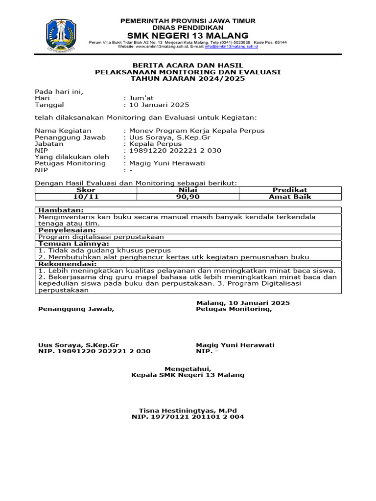 Berita Acara Dan Hasil Monev 2024 | PDF