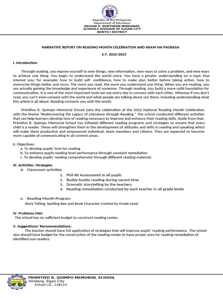 Narrative Report On Reading Month | PDF | Learning | Behavior Modification