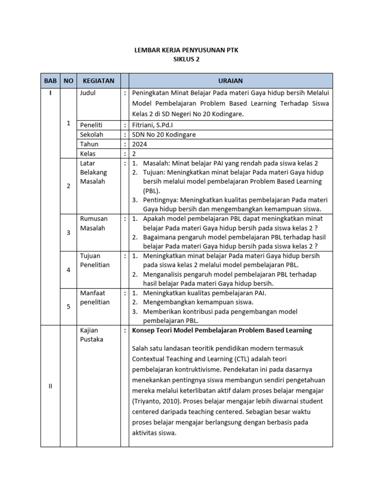 SIKLUS 2 LEMBAR KERJA PENYUSUNAN PTK | PDF