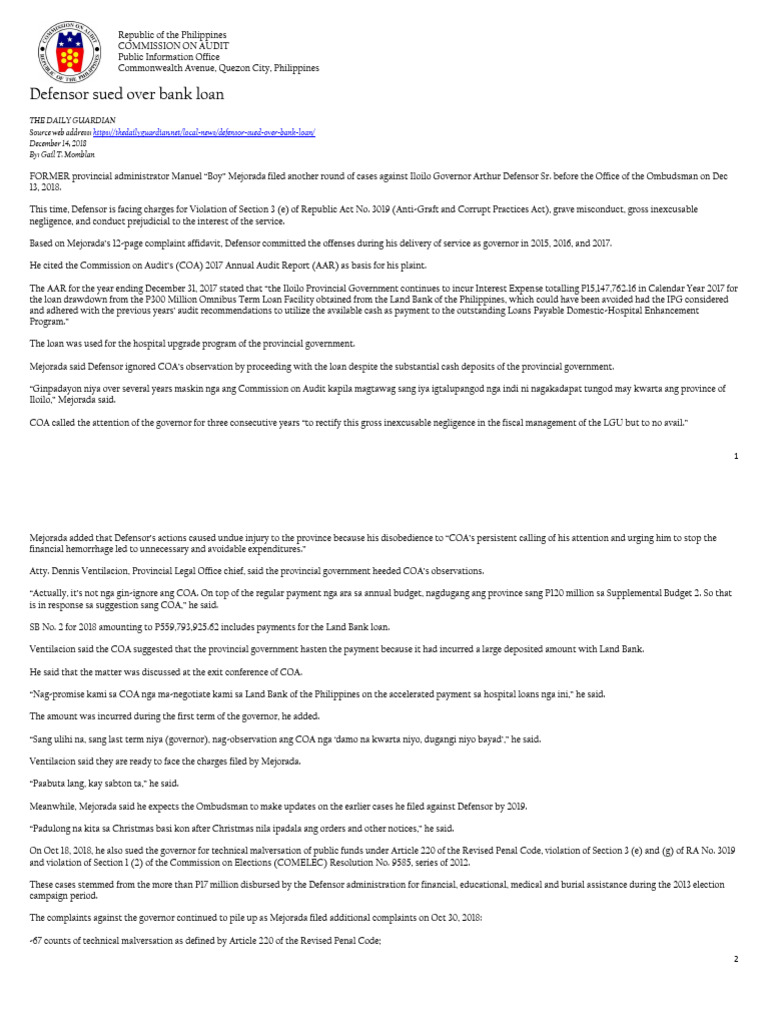 News: Defensor Sued Over Bank Loan | PDF | Commission On Elections ...