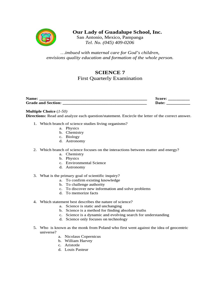 Grade 7 Science First Periodic Exam | PDF | Science | Liquids