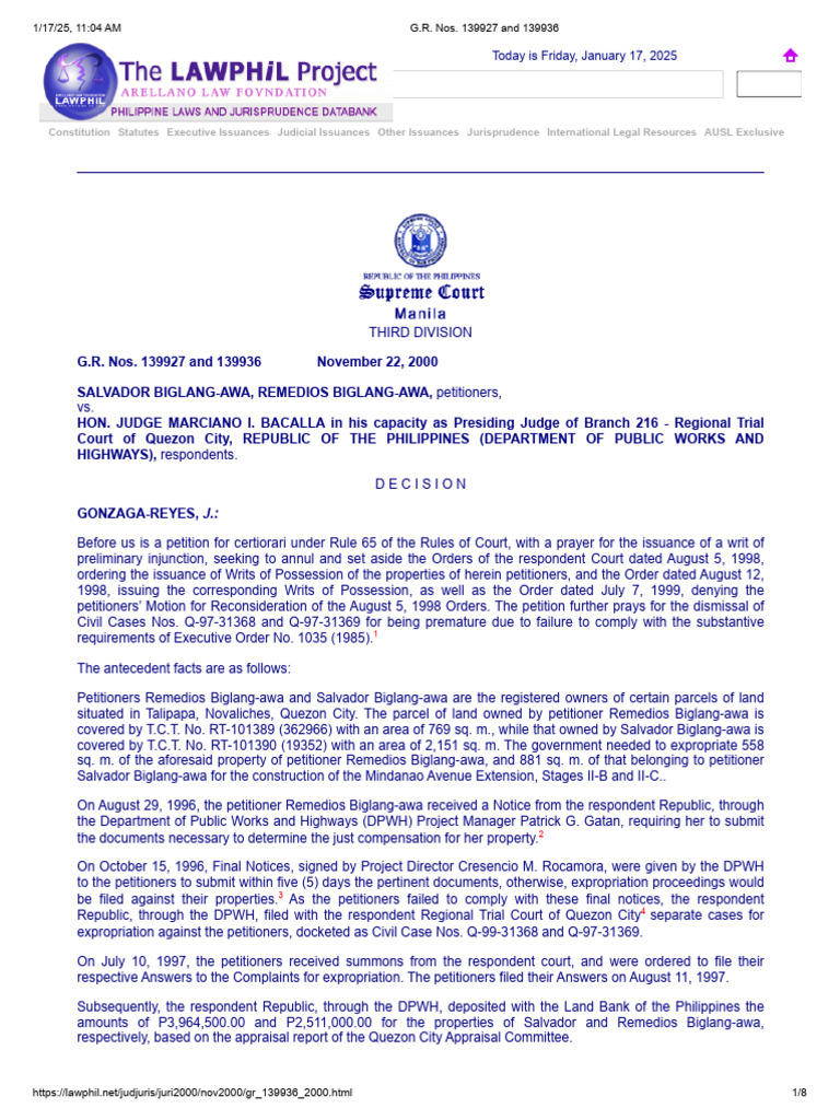 21 bIGLANG AWA VS BACALLA | PDF | Eminent Domain | Complaint