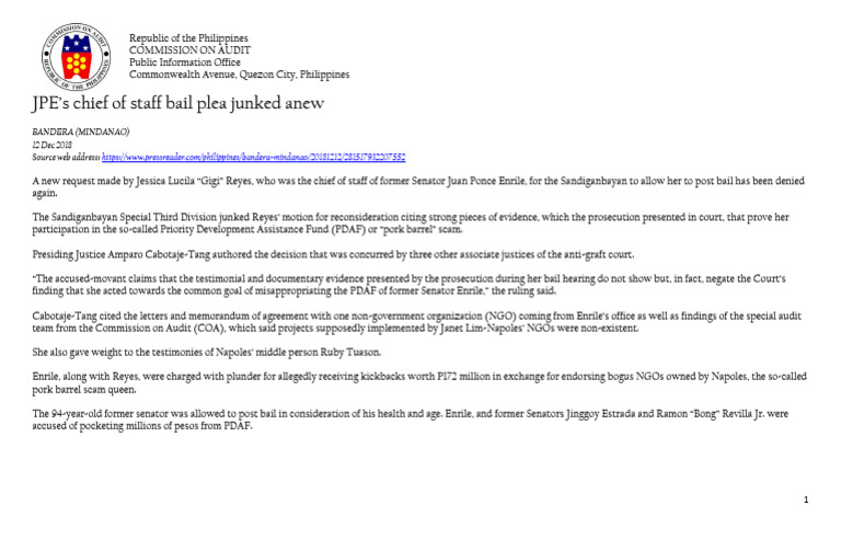 News: JPE's Chief of Staff Bail Plea Junked Anew | PDF