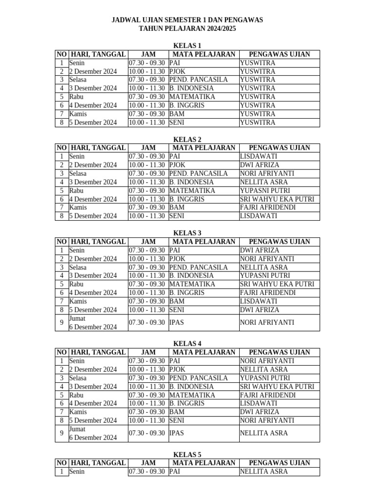 Jadwal Ujian Semester 2024/2025 | PDF
