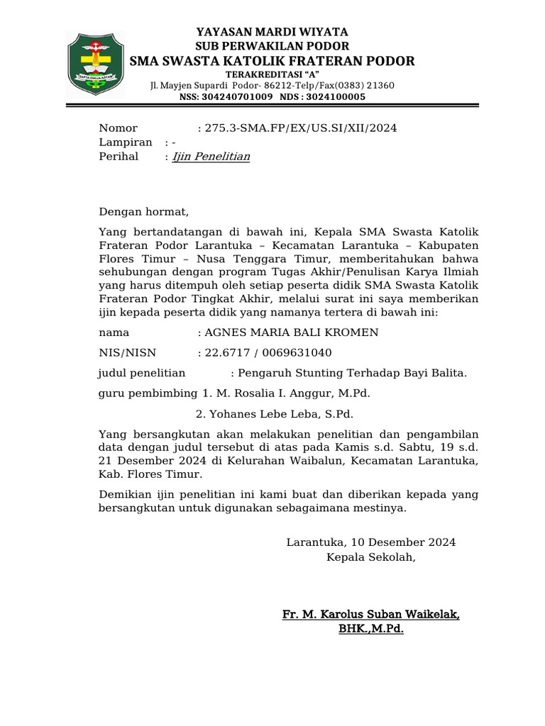 Izin Penelitian Siswa SMA Frateran Podor | PDF