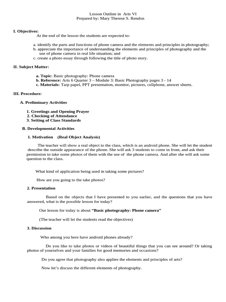 Lesson Outline in Arts No.3 | PDF | Composition (Visual Arts) | Area