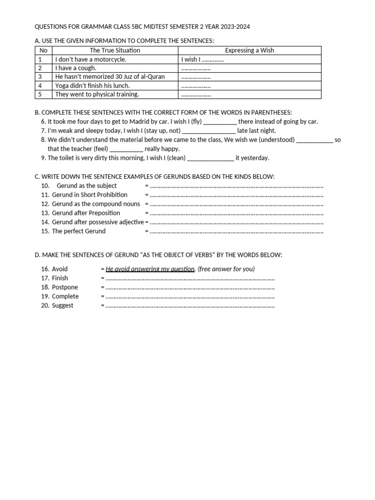 GRAMMAR CLASS 5BC MID TEST SEMESTER 2 YEAR 2023-2024 | PDF