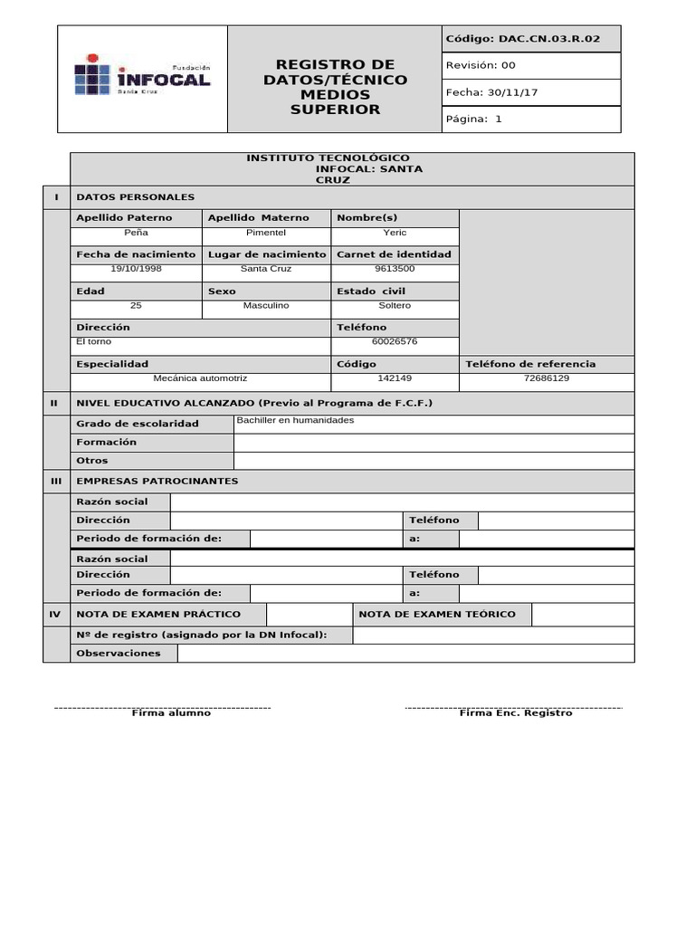 Registro de Datos Técnicos Estudiante | PDF