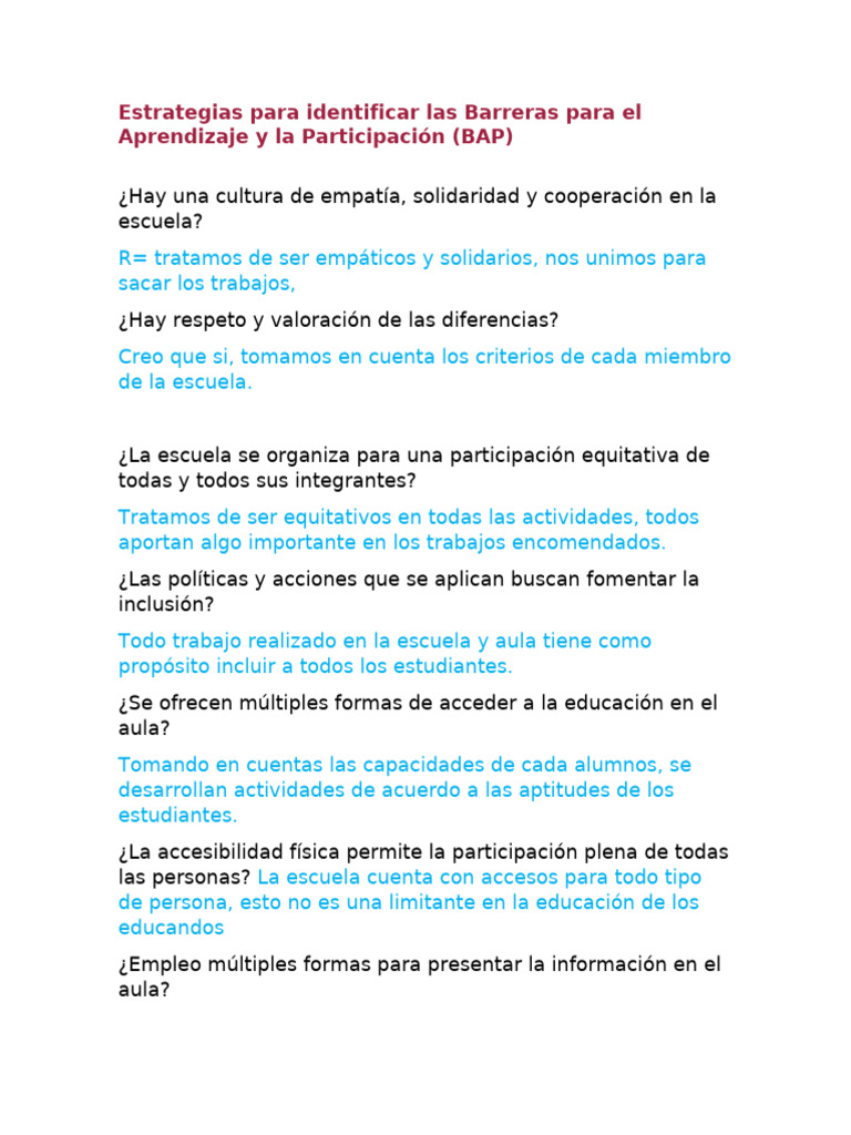 Estrategias para Identificar Las Barreras para El Aprendizaje y La Participación | PDF | Salón ...
