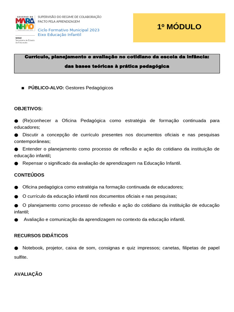 Pauta longa do 1º Módulo do Ciclo Formativo Municipal_Pacto Pela Aprendizagem 2023 (1) | PDF ...