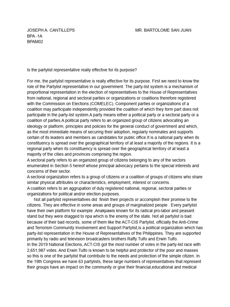 Partylist Representative Really Effective For Its Purpose | PDF ...