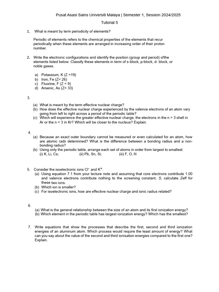 Tutorial 5_2425_PERIODIC TABLE | PDF | Periodic Table | Ionization