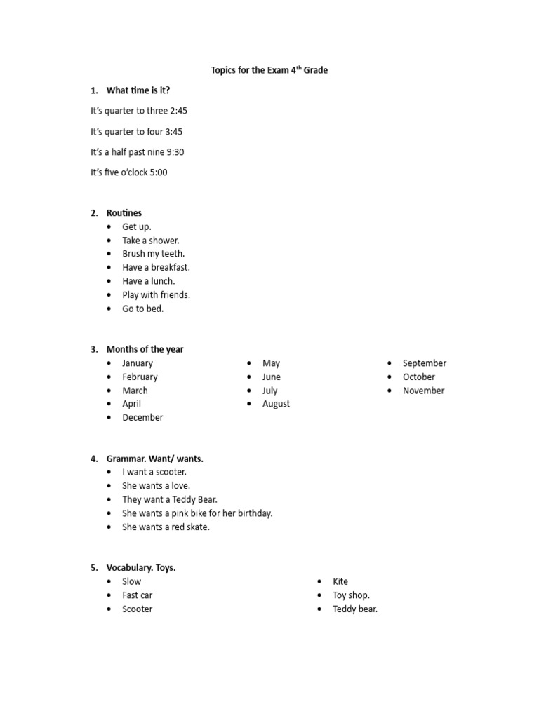 Topics For The Exam 4th Grade | PDF