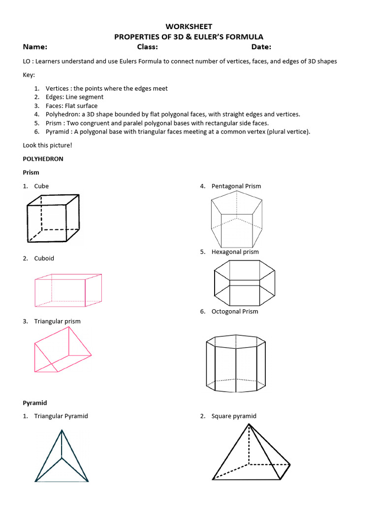 Worksheet Properties of 3D Shape and Euler Formula | PDF