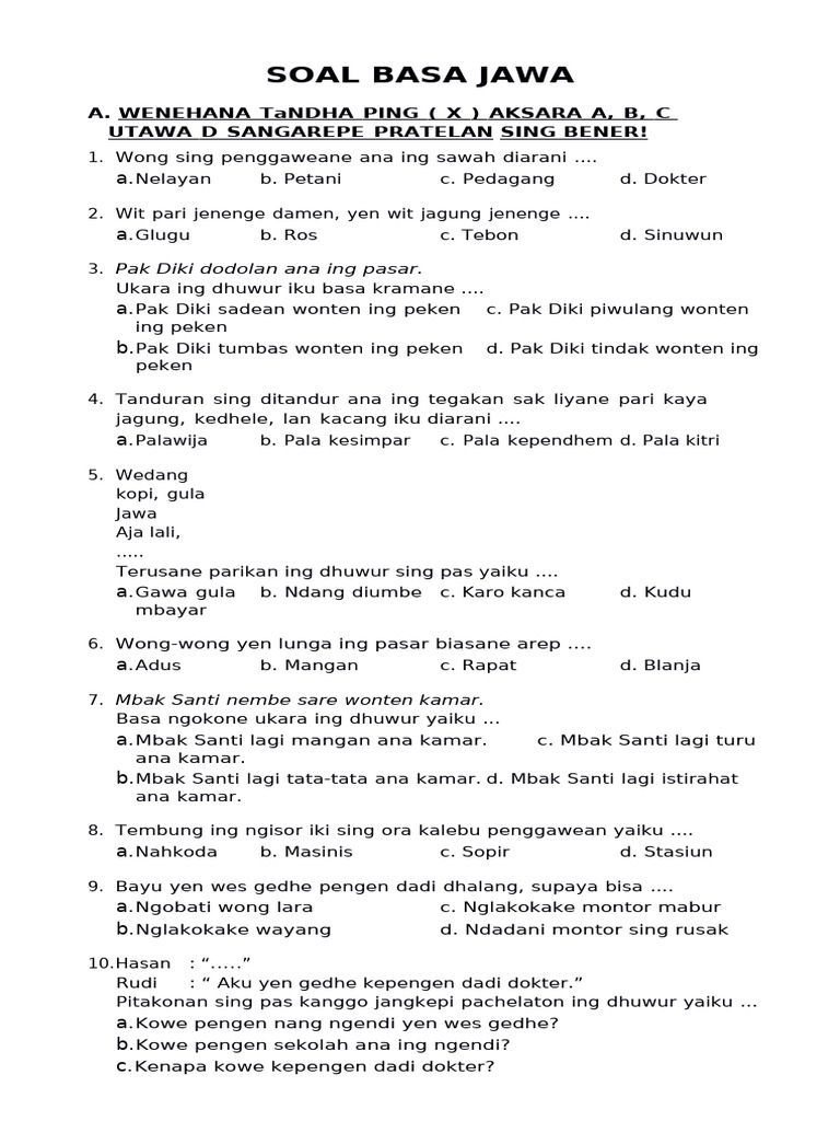 Soal UAS Bahasa Jawa Kelas 4 SD Semester 1 (Ganjil) Dan Kunci Jawaban | PDF