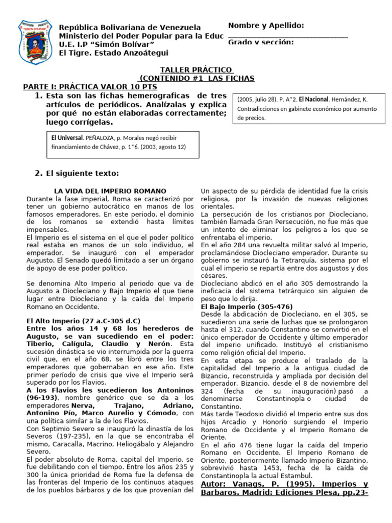 Taller Pratico de Las Fichas 1er Año C | PDF | imperio Romano | imperio ...