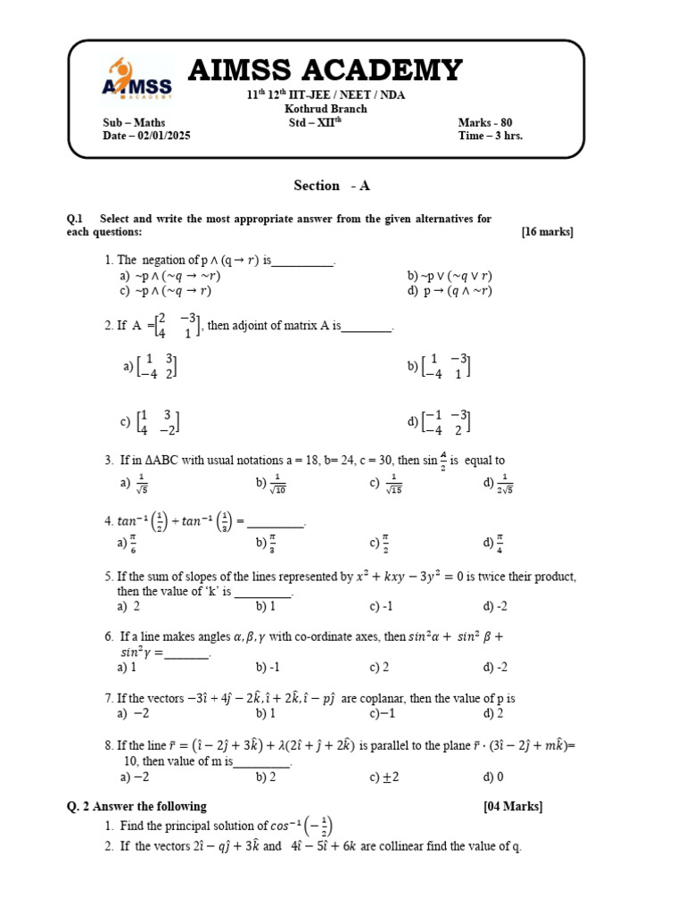 12th Maths Part-1 (80marks Question Paper) | PDF | Geometry | Euclidean ...