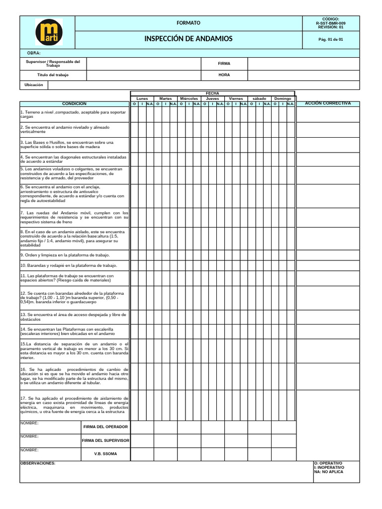Inspección de Andamios: Checklist y Acciones | PDF | Andamio