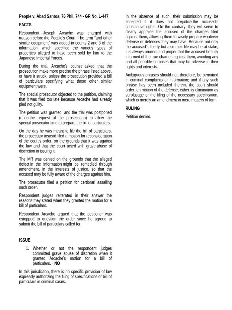 JAVA - 76 Phil. 744 - GR No. L-447 | PDF | Prosecutor | Bill (Law)