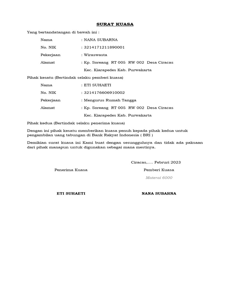 SURAT KUASA BRI | PDF