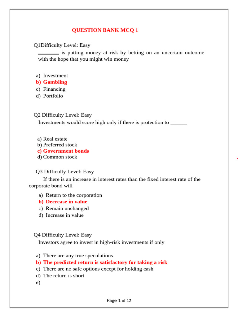 Investment Analysis and Portfolio Management MCQS | PDF | Financial ...