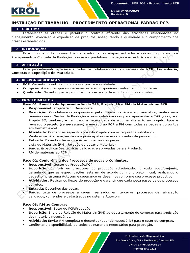 POP - 004 - RV.000 - PCP e Produção | PDF | Qualidade (negócios)