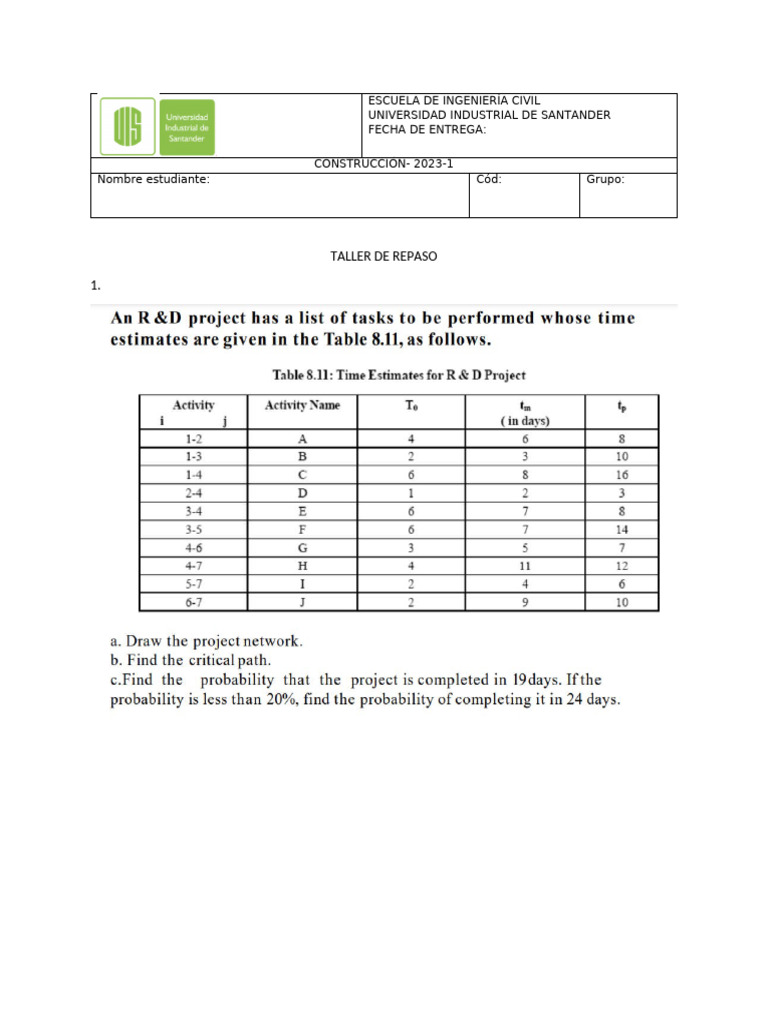 Sjtijolo - TALLER CPM-PERT RESUELTO | PDF | Variance | Normal Distribution