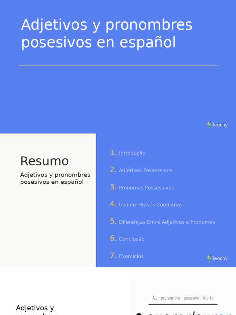 Slide Adjetivos y Pronombres Posesivos en Espa Ol | PDF | Pronome | Linguística