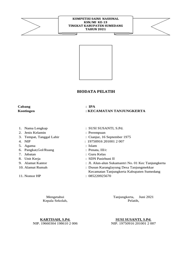 Biodata Pelatih FLSSN Kabupaten (Tari) | PDF