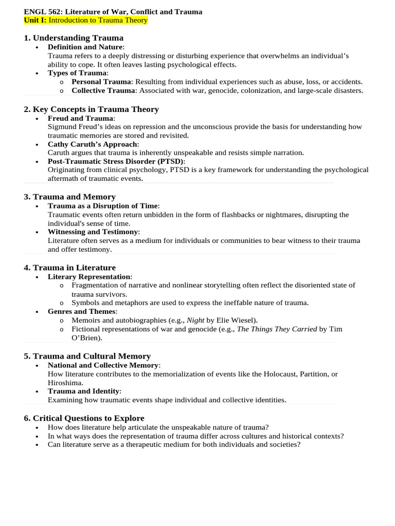 ENGL 562 Literature of War, Conflict and Trauma - SARAS | PDF ...