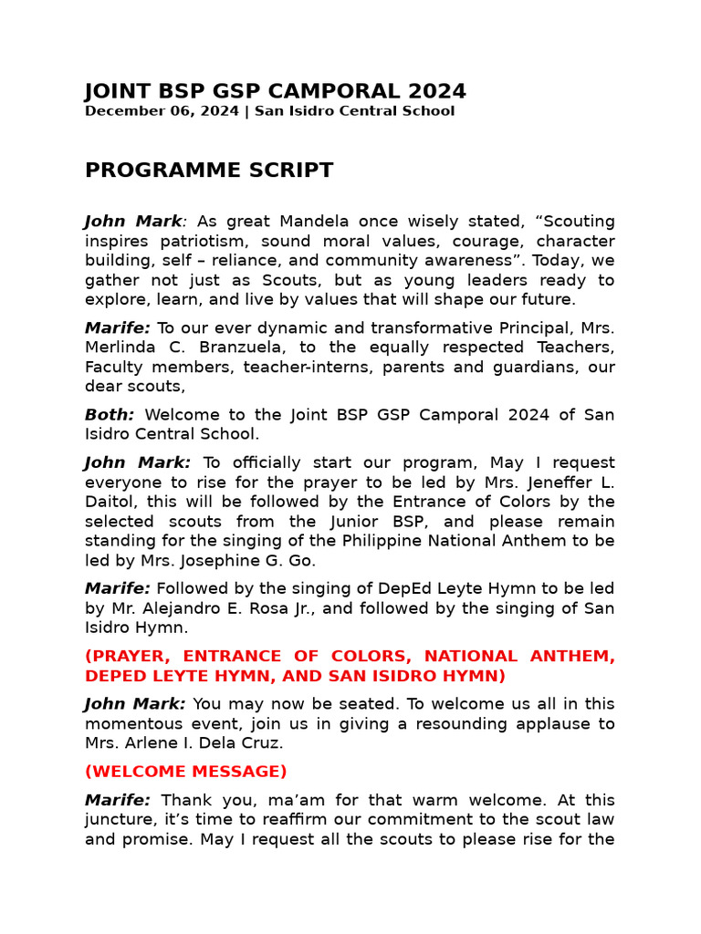 Joint BSP GSP Camporal 2024 - Script | PDF