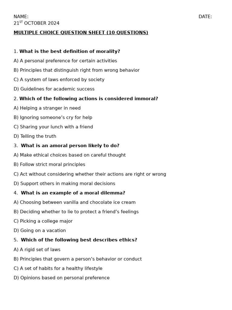 Johnathon Lightbourne - MORALITY MULTIPLE CHOICE | PDF