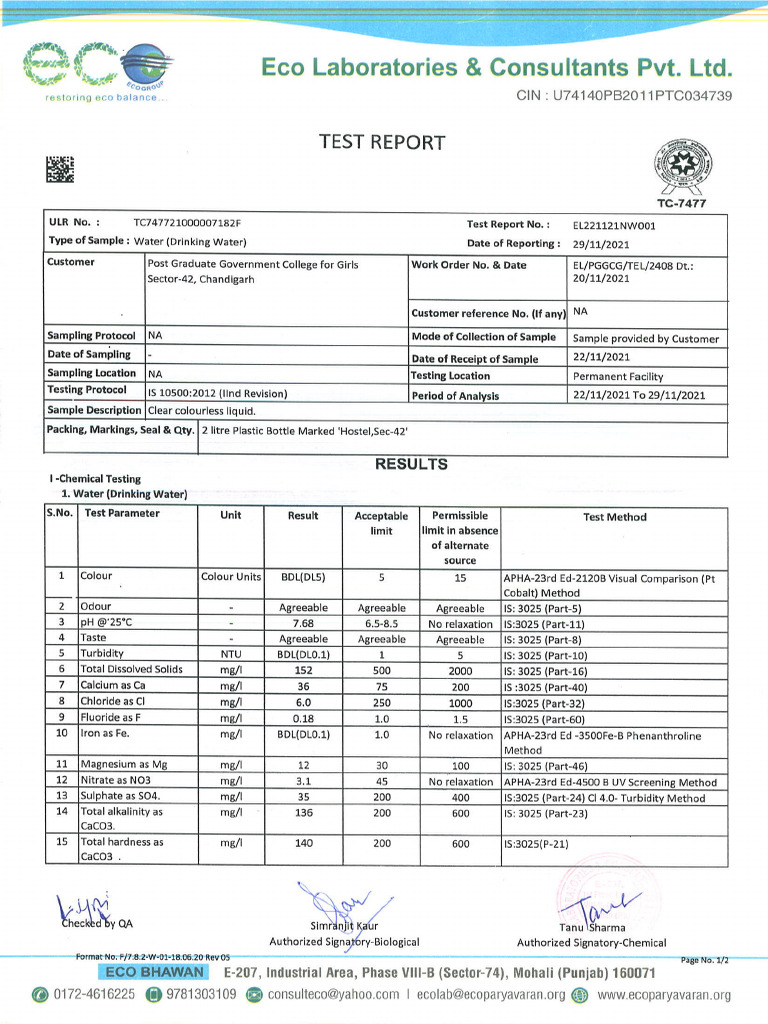 Test Report Drinking Water | PDF