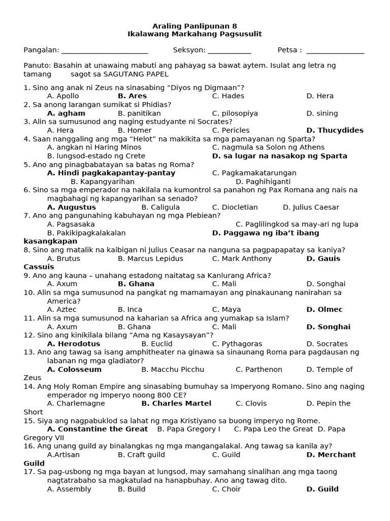 Araling Panlipunan 8 Exam With Key Answer (2nd Quarter) | PDF