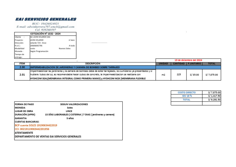 COTIZACIÓN GC LEON VELARDE SAC | PDF