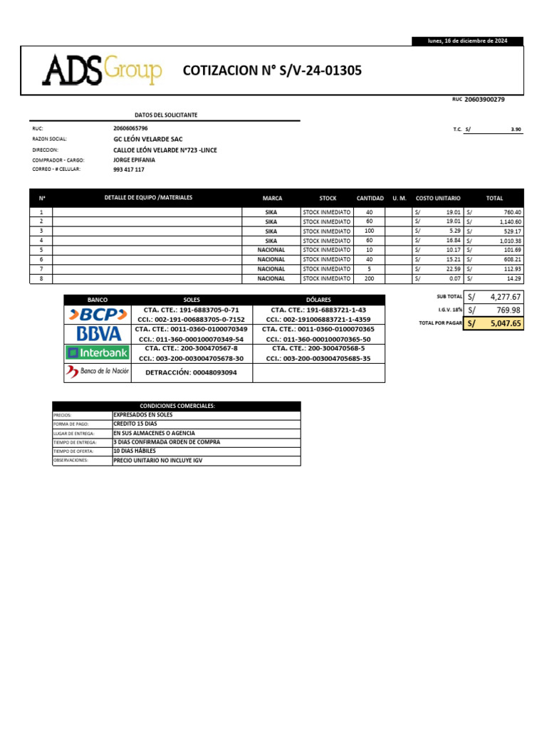 Cot 24-01305 GC León Velarde Sac Sika Limpieza Tirafon | PDF | Business