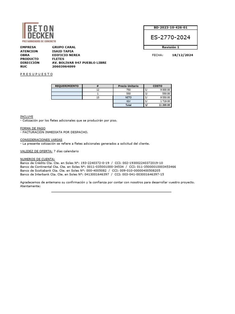 Cotización Flete - 27702024 - Edificio Nerea - Grupo Caral - r.01 | PDF