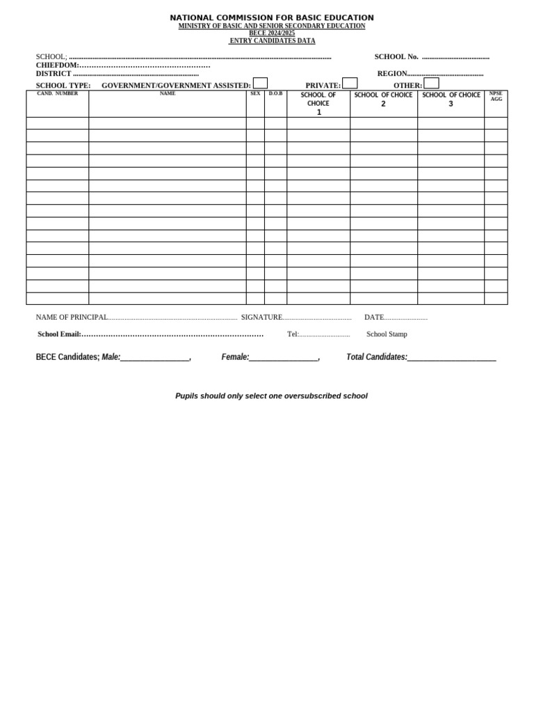 Bece 2025 Data Collection Template | PDF