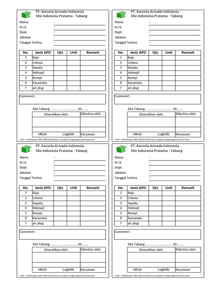 FORM SERAH TERIMA APD | PDF