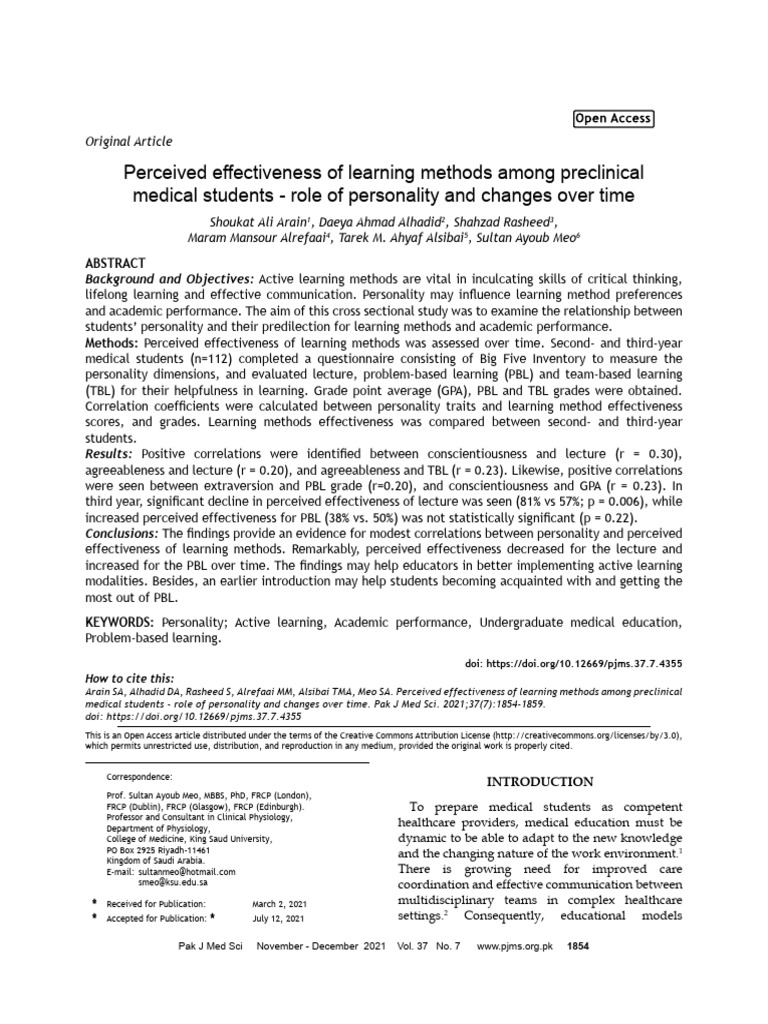 10 Perceived effectiveness of learning methods among preclinical ...