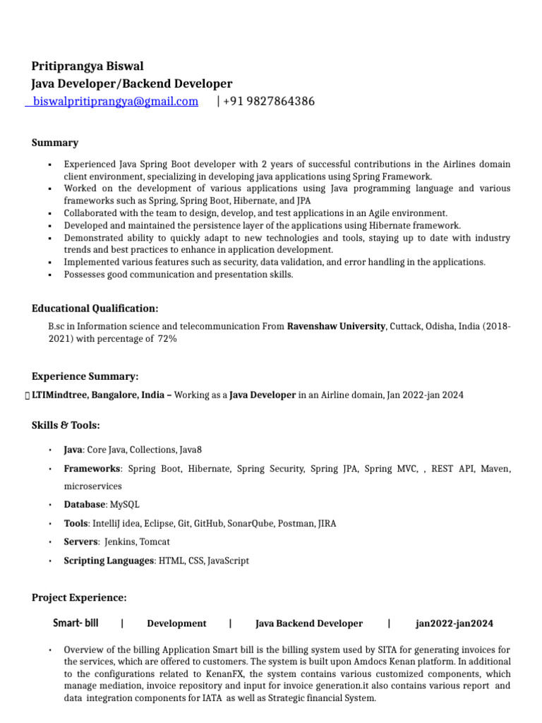 Pritiprangya Biswal Resume-1 | PDF | Spring Framework | Java (Programming Language)