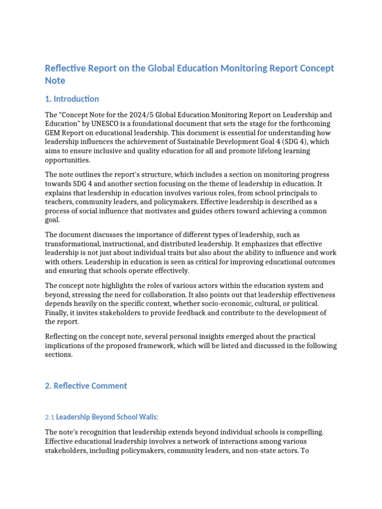 Reflective Report On The Global Education Monitoring Report Concept ...