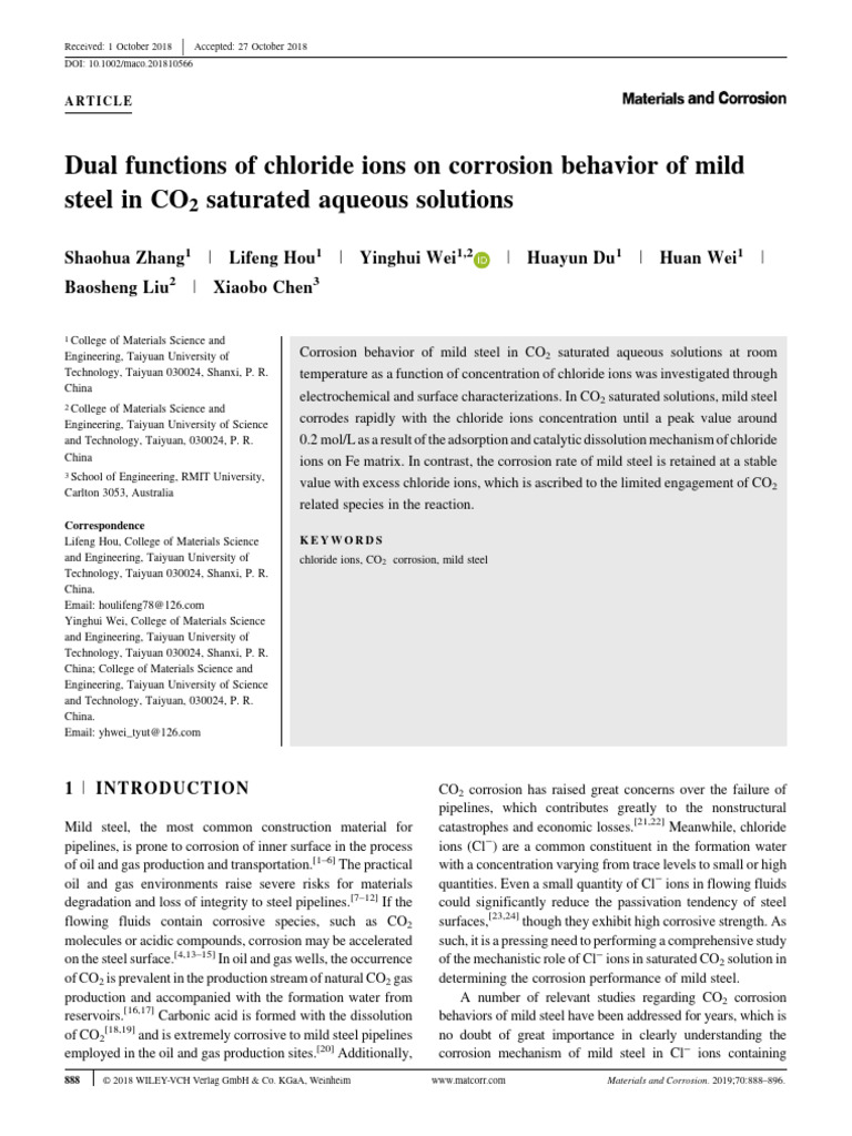 Materials Corrosion - 2018 - Zhang - Dual functions of chloride ions on ...