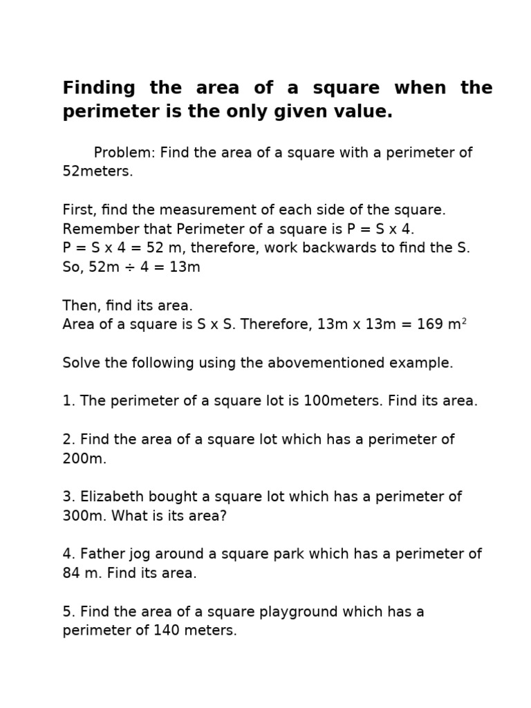 Calculate Area of Square from Perimeter | PDF