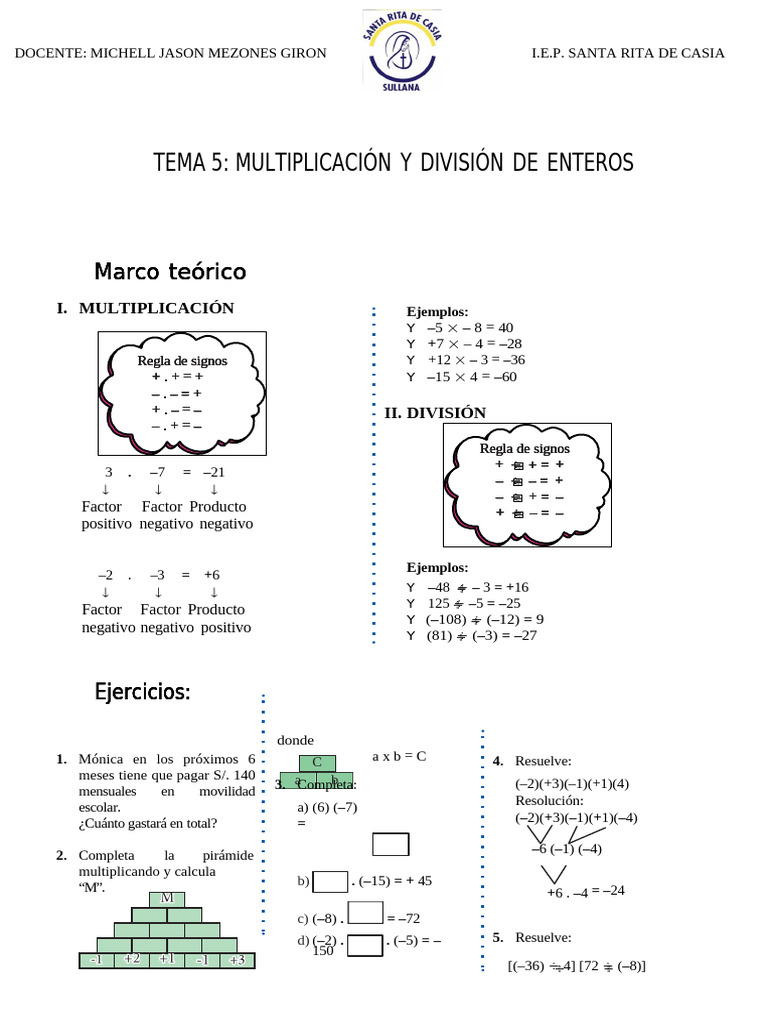 Multiplicación y División de Enteros | PDF | Multiplicación | Matemáticas