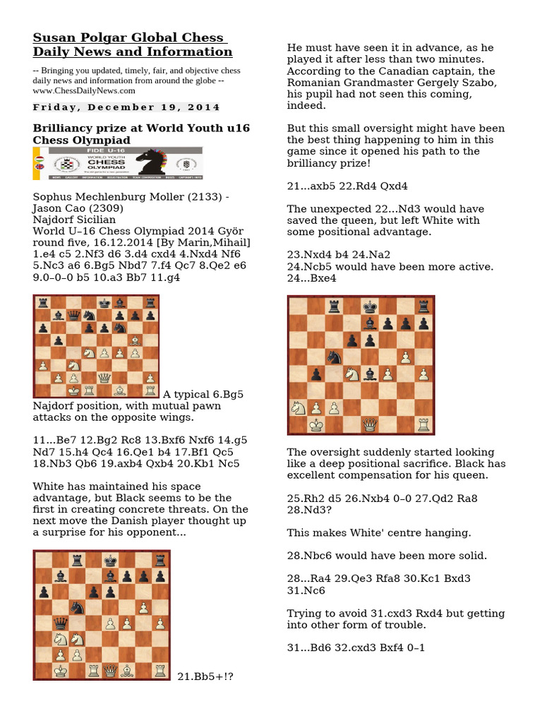 Brilliancy Prize at U16 Chess Olympiad | PDF | Chess Openings | Chess