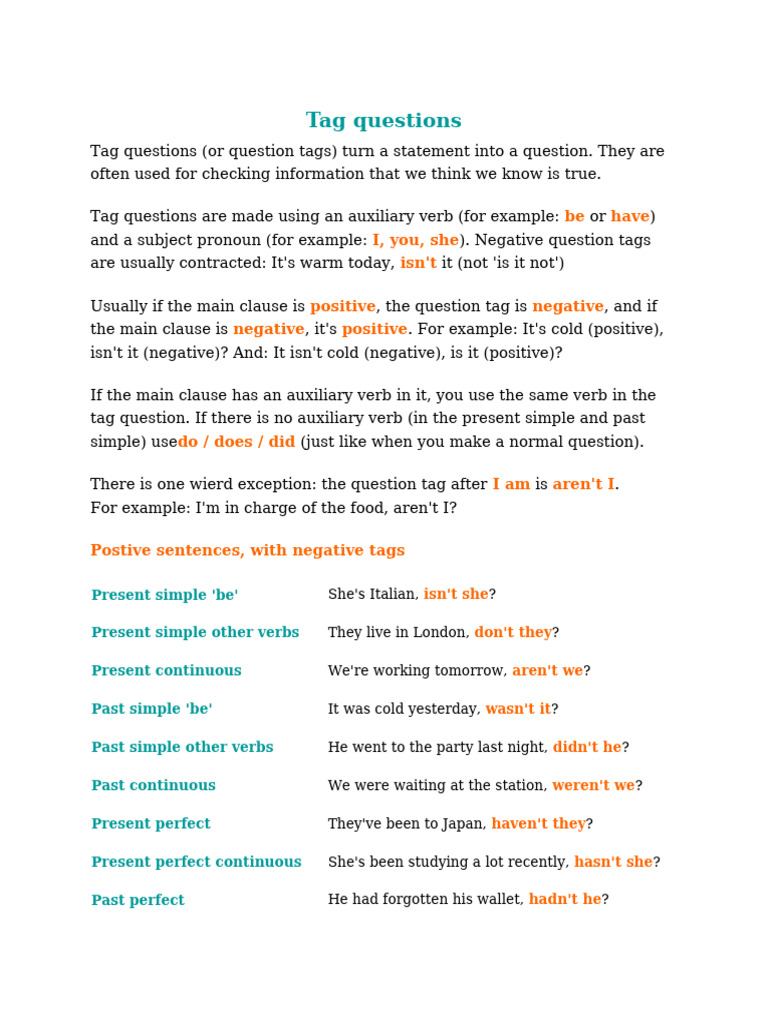 Tag Question Handouts | PDF | Question | Verb