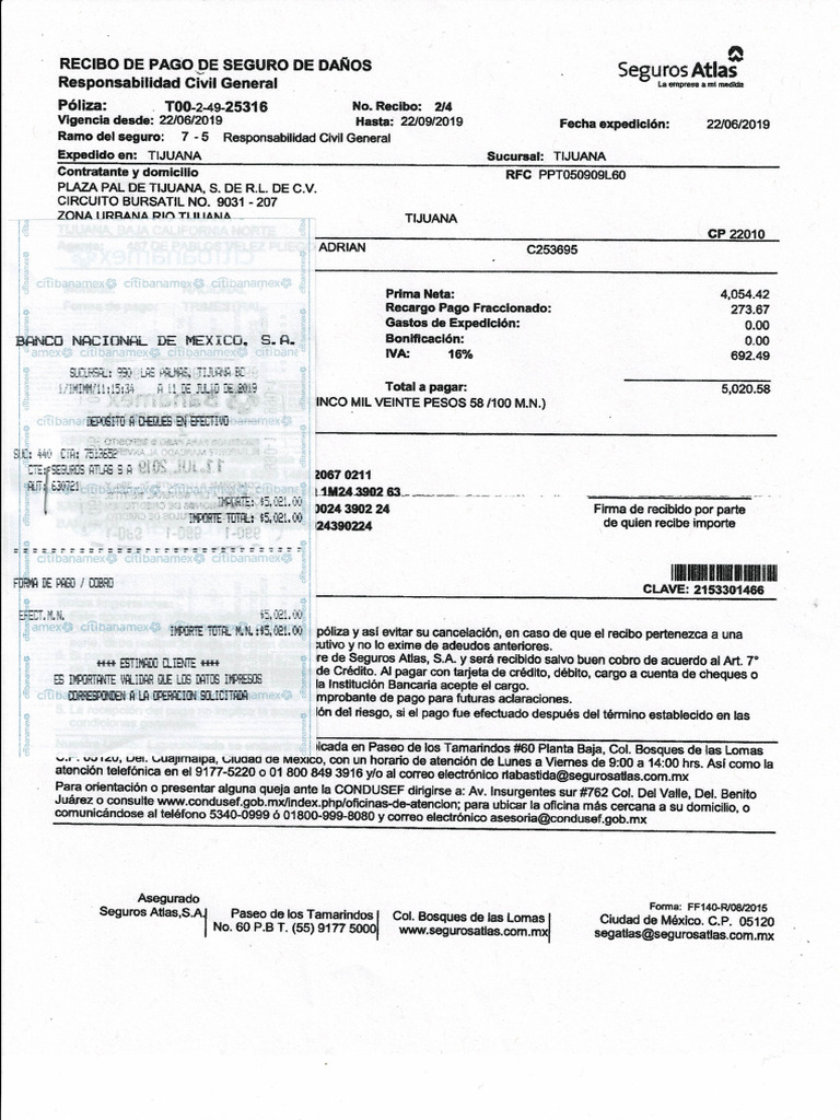 Recibo de Pago de Seguro de Daños T0024925316 | PDF